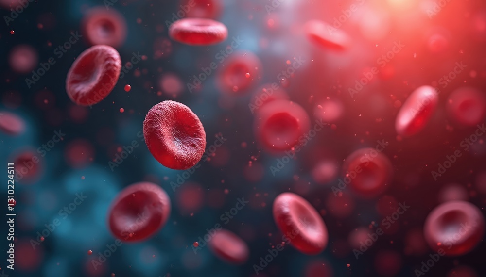 Abstract representation of red blood cells on blurry red, blue ...