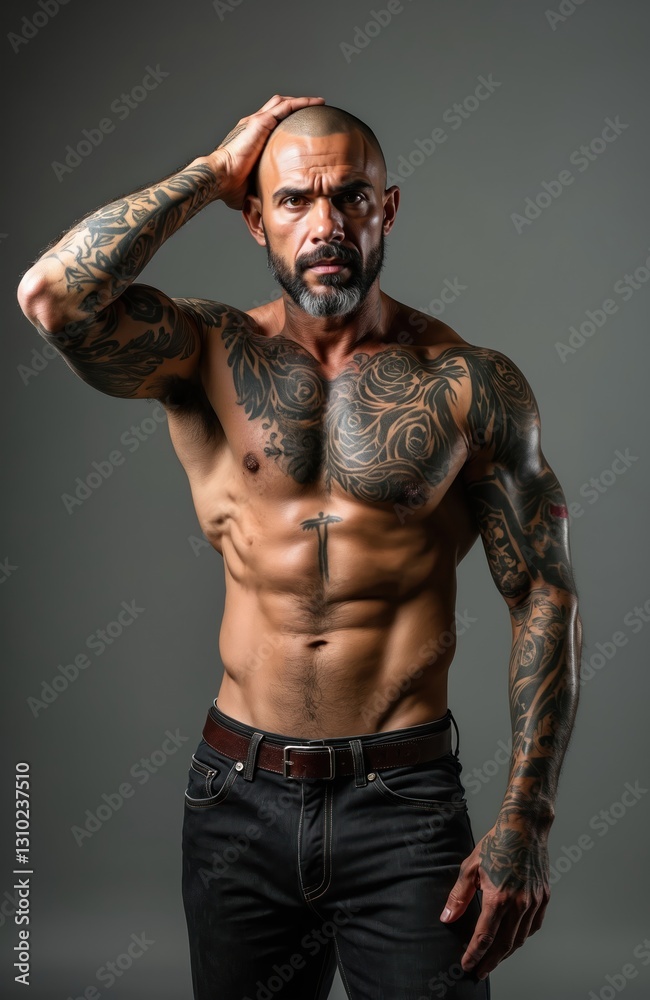 Brutal latin man with beard, tattoos poses on gray studio background ...