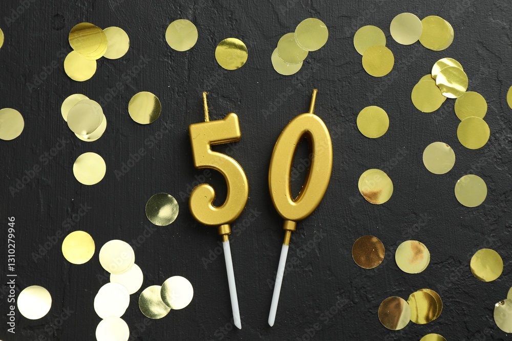 50th birthday. Number shaped candles and confetti on black background ...