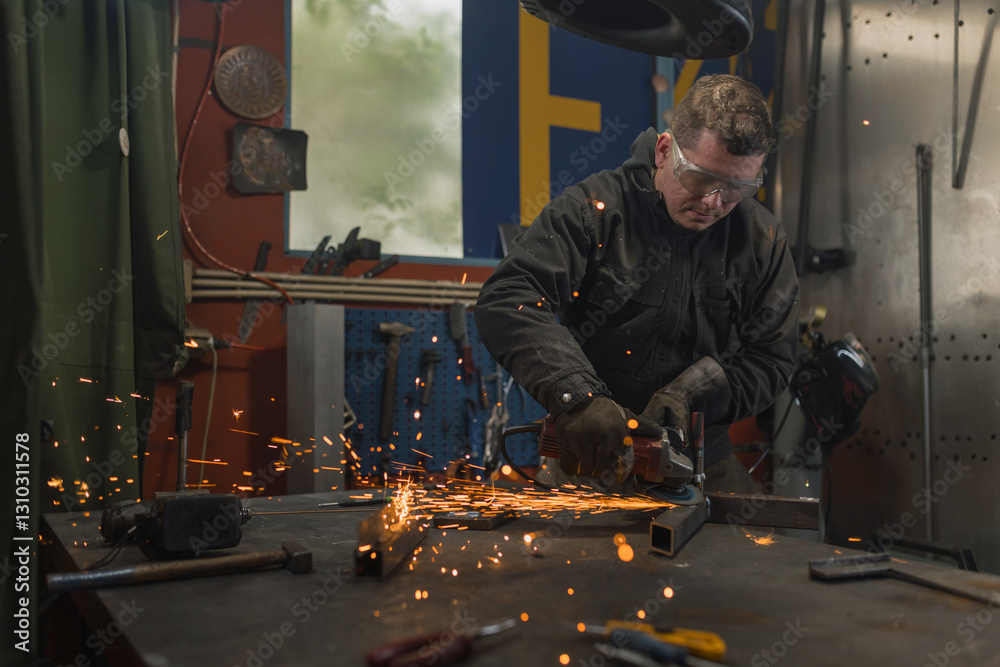 Welder processing a metal pipe with a grinder, making sparks. Metalwork ...