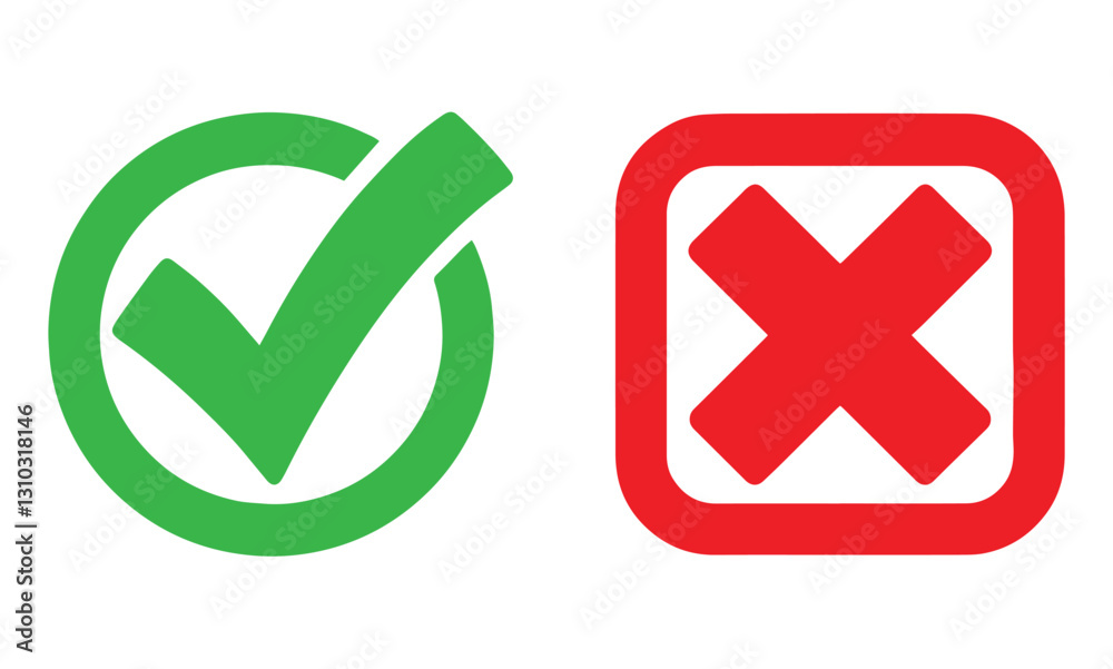 Green check marks and red cross icons feature a circle and square ...