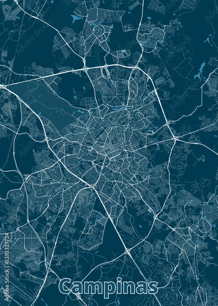 This is a detailed map of Campinas, Brazil, rendered in a minimalist ...