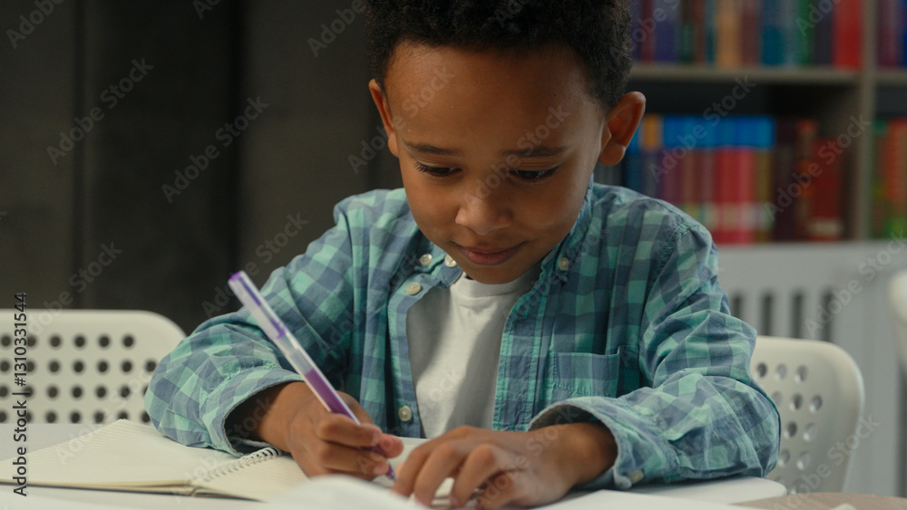 Cute little boy kid child African American son schoolboy elementary ...