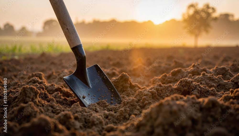 Wooden-handled shovel embedded in muddy earth at dawn, farm work Stock ...