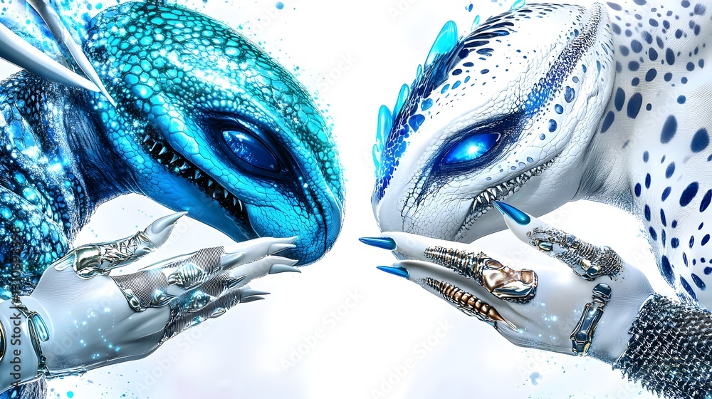 Dramatic sci-fi battle scene depicting two hands touching each other in ...