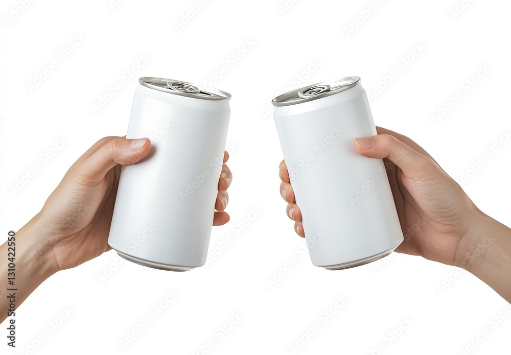 Two hands holding white soft drink cans in a friendly gesture ...