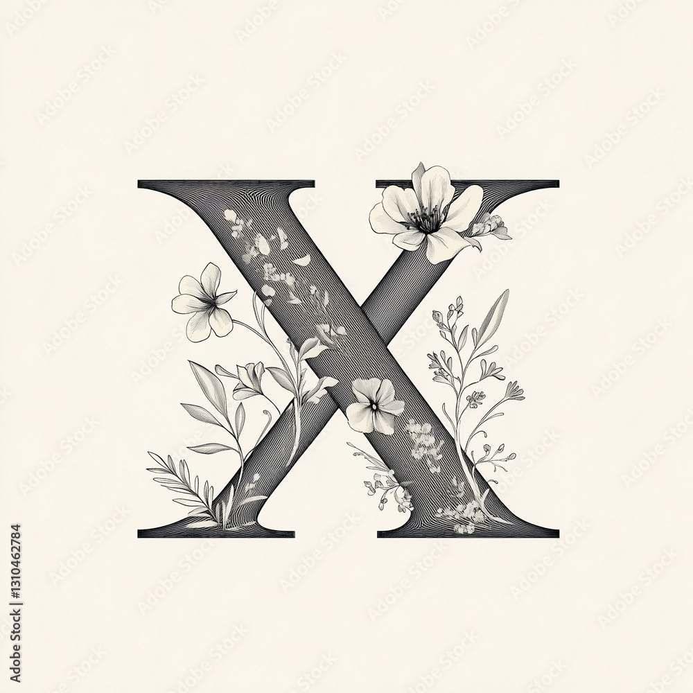 Xx of the alphabet monochrome. A capital letter in a sleek with floral ...