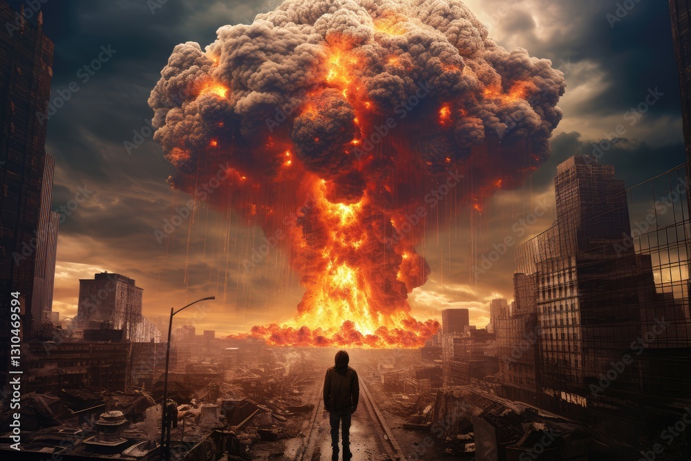 Apocalyptic cityscape with nuclear explosion mushroom cloud and lone ...