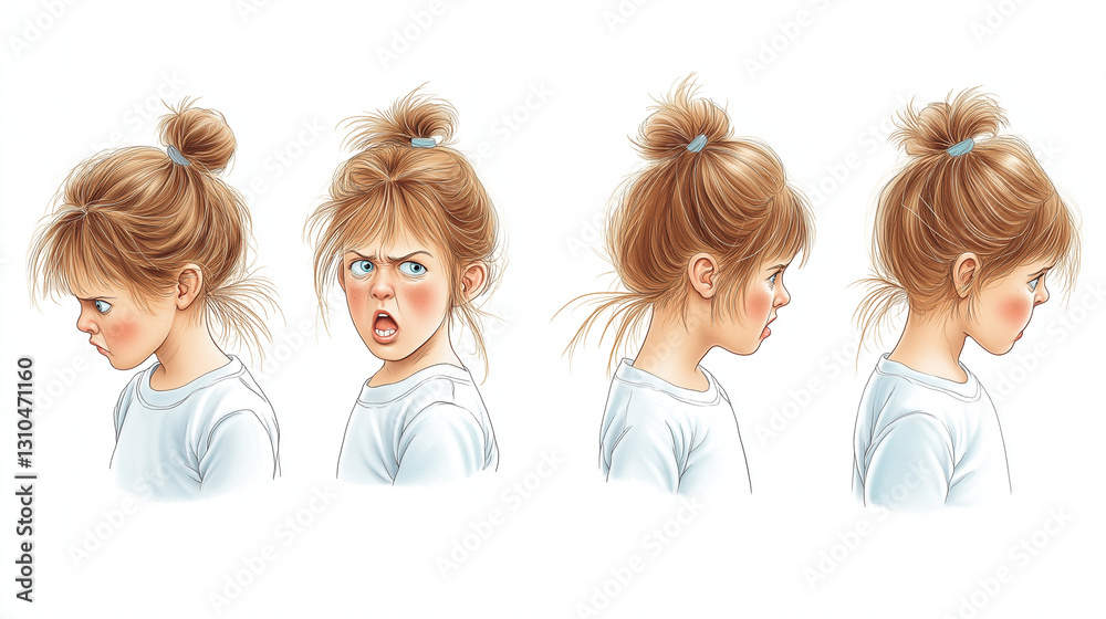 Four drawings of the same little girl showing different facial ...
