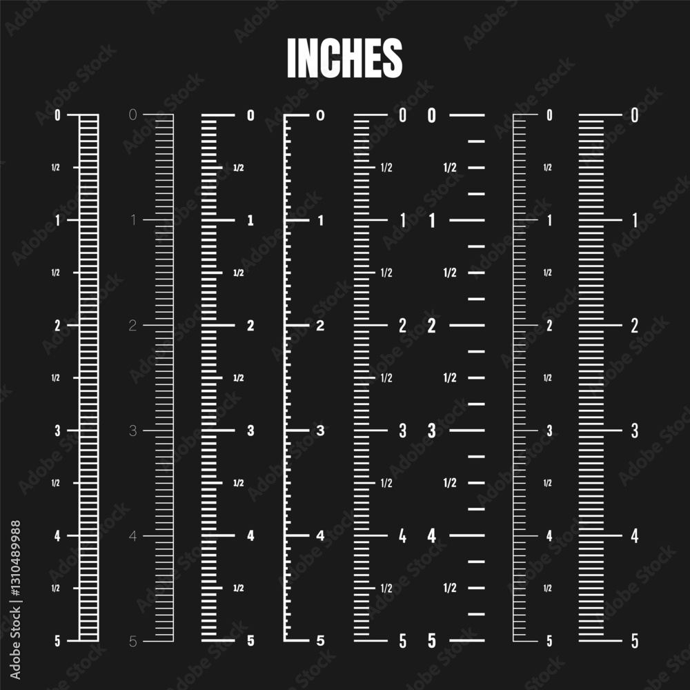 Vertical inch scale for measuring length or height. Various measurement ...