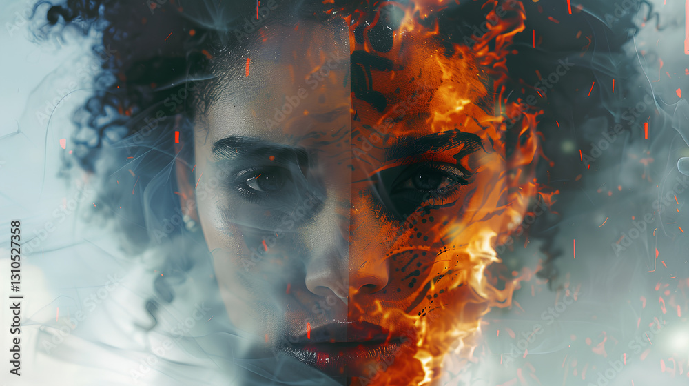 a confident woman, her face split into two contrasting expressions. One ...