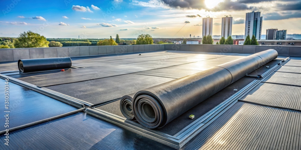 Roll of EPDM material on a modern roof with several large panels laid ...