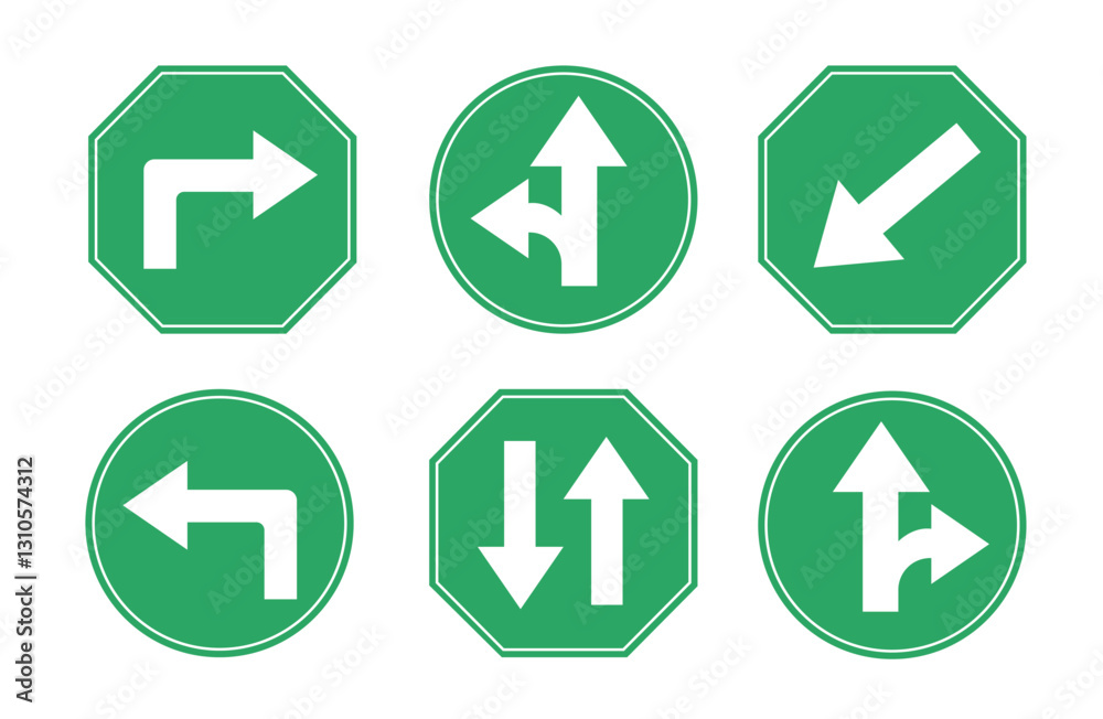 Road arrow sign icon clipart set. Traffic warning signages in green ...
