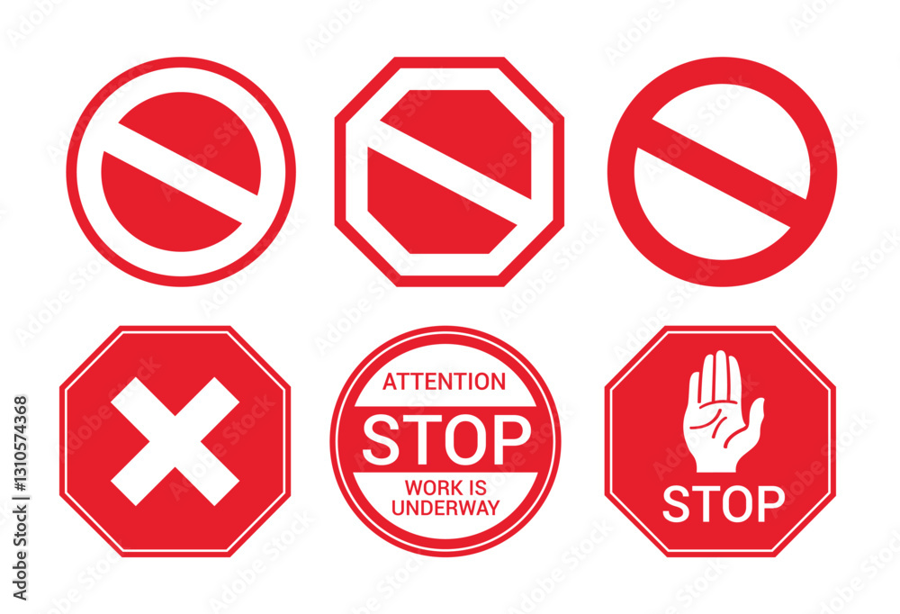 Stop sign icon clip art set. Red stop warning signages for road traffic ...