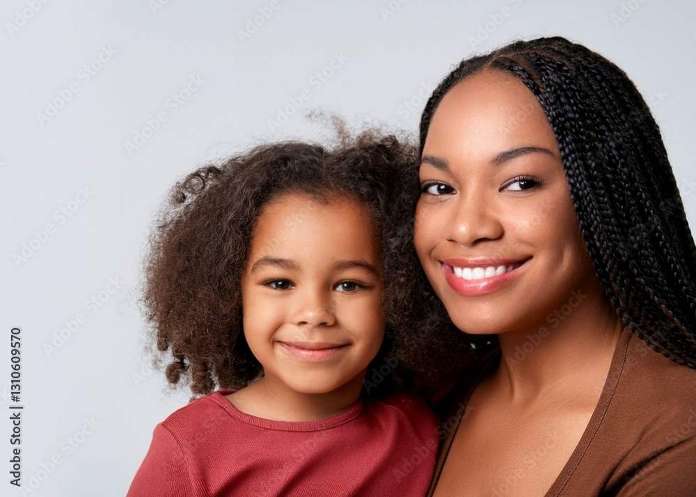 Mother daughter head shoulders braids curly hair close micro happy ...