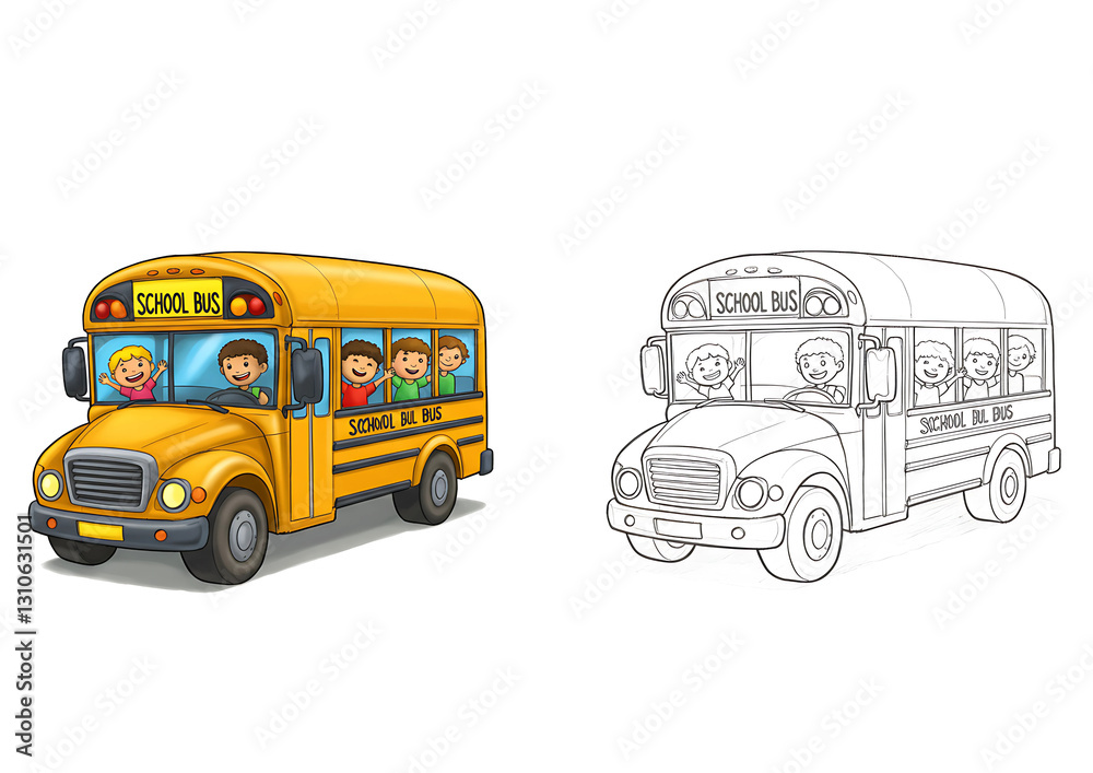 Lively School Bus Coloring Page for Kids and Adults , A3 Size Stock ...