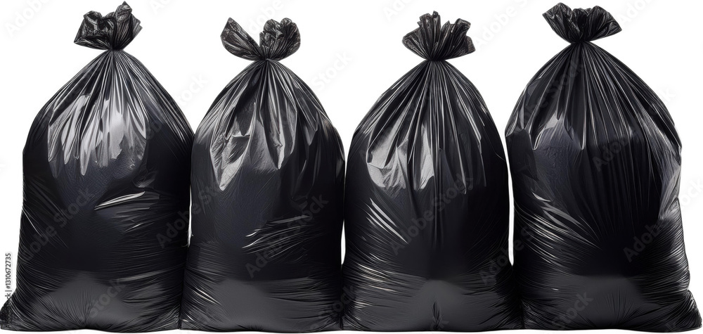 Four full black plastic garbage bags isolated transparent background ...