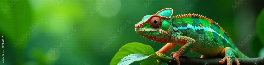 Chameleon with bulging eyes resting on a green leafy tree branch in the ...
