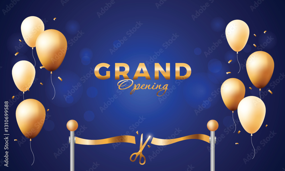 Luxury grand opening blue background with gold balloon and confetti ...