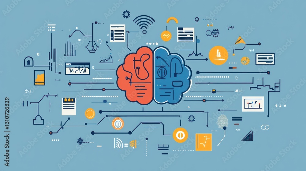 Brain schematic and data visualization in digital information Stock ...
