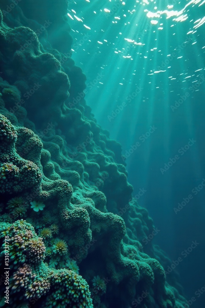 Wavy blue-green ocean texture with undulating seaweed and coral forms ...