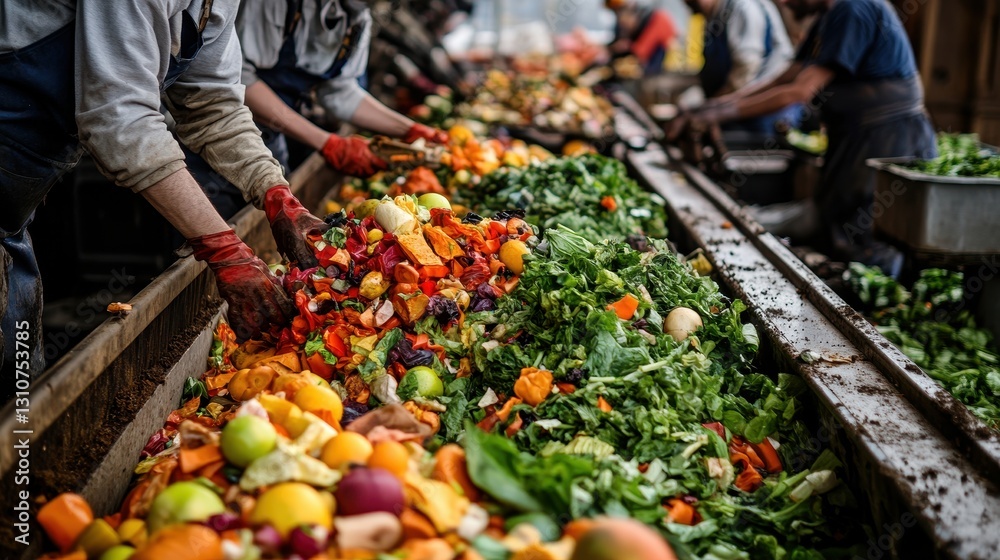 Sorting food waste to make compost, a process in a waste decomposition ...