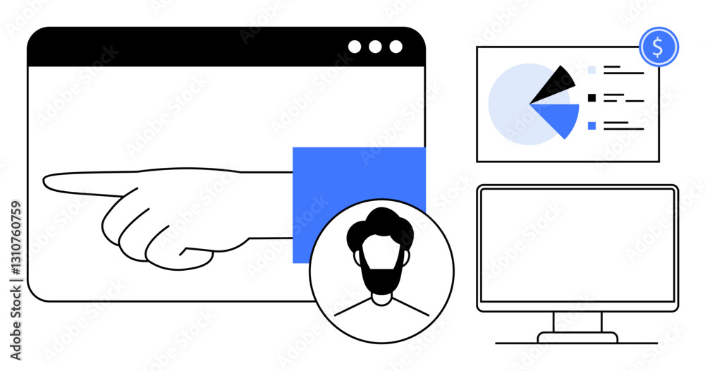 Hand extending from browser window, user avatar, analytics on chart ...