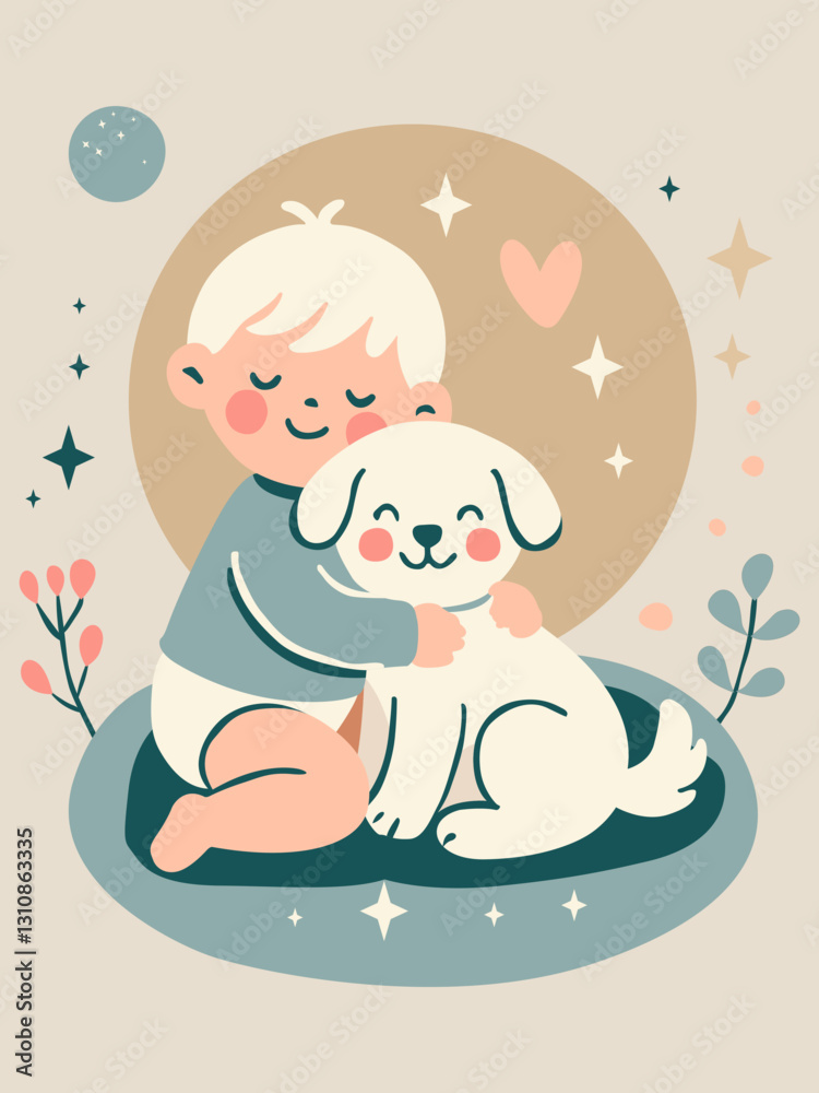 Baby playing with dog cute with funny.Child embraces pet with love and ...