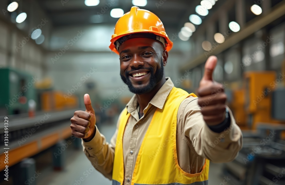 Portrait of happy African American factory worker giving thumbs up ...