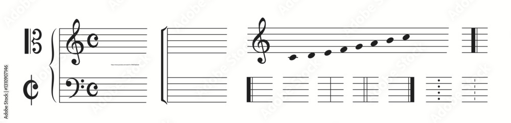 Illustration featuring various musical notations including treble and ...