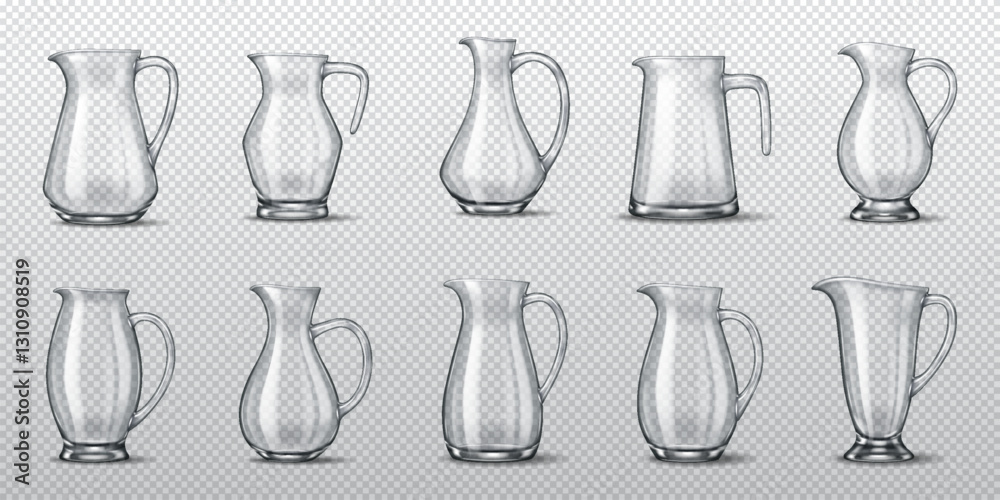 Collection of ten transparent glass jugs with different shapes and ...