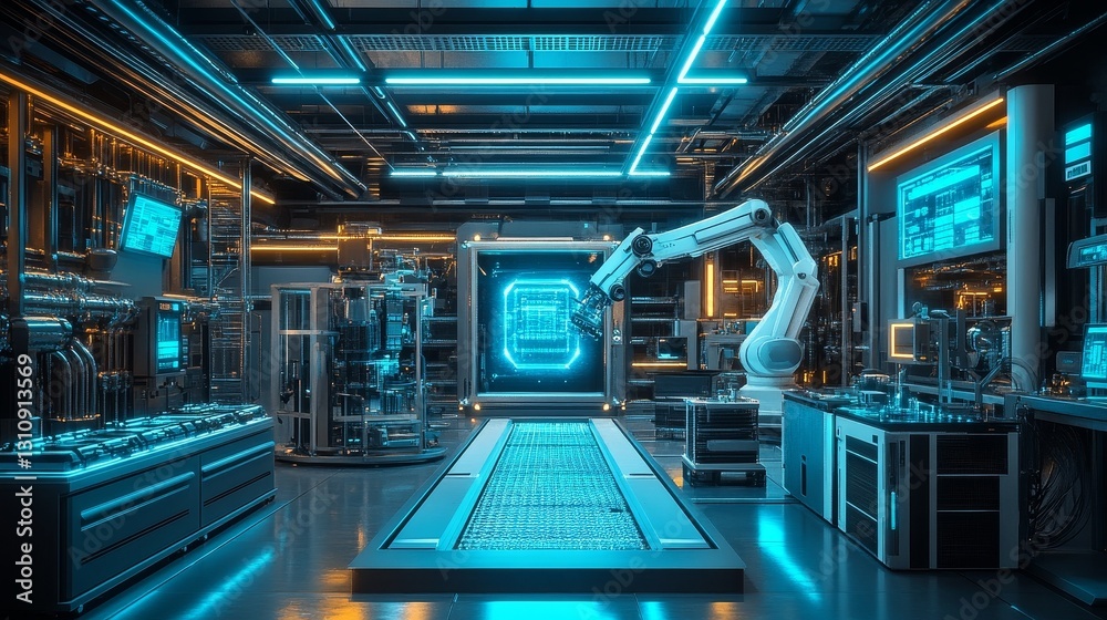 Futuristic factory with advanced battery materials and glowing carbon ...