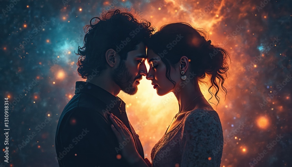 Souls united in cosmic love concept. Man and woman silhouette in ...