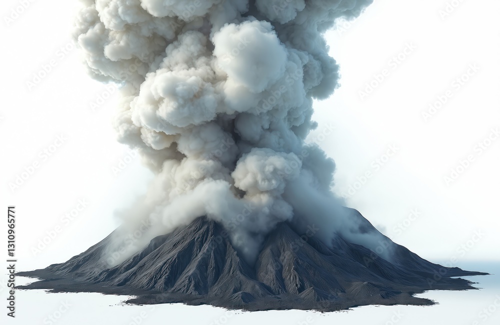 Explosive eruption of white smoke from volcanic vent against white ...