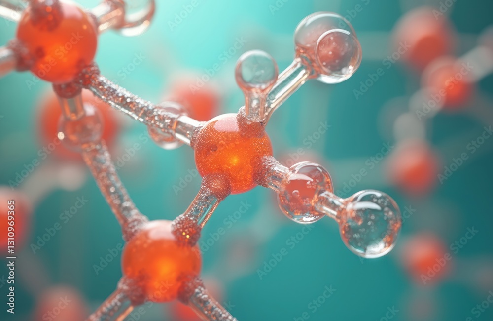 Microscopic molecular structure with orange spheres connected by ...