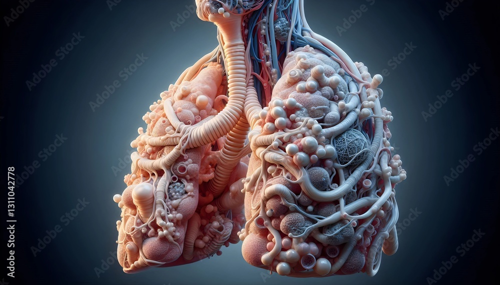 3D medical illustration of inflamed asthma airways, showing constricted ...