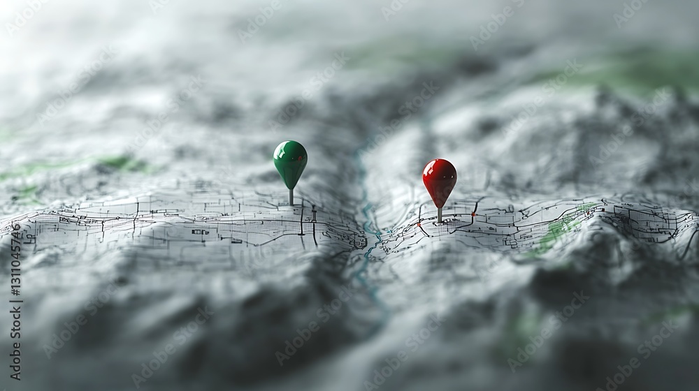 3D Topographic Map with Location Pins, A 3D topographic map featuring ...