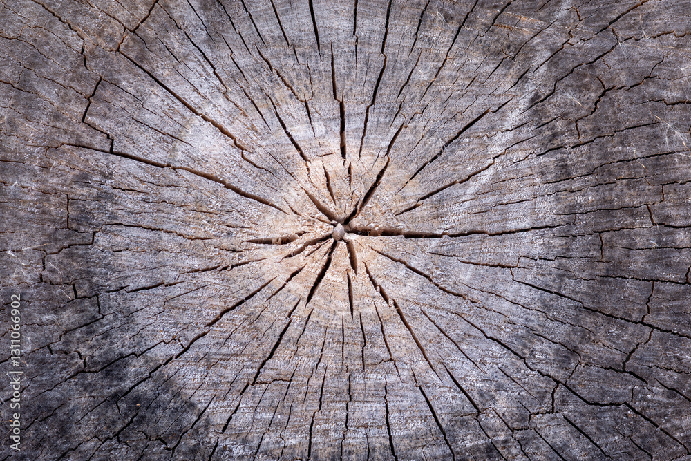 Cross section of a poplar trunk, a tree with sections of concentric rings and radial cracks ...