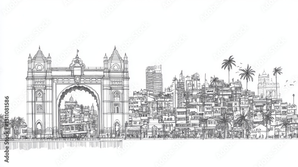 Intricate Mumbai cityscape continuous line drawing, Gateway of India ...