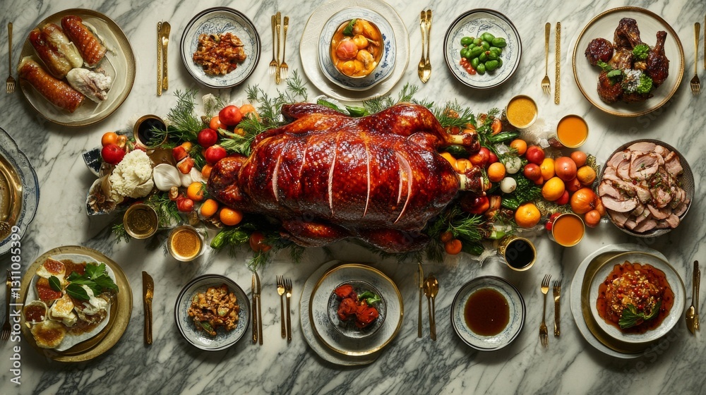Overhead three-quarter view of whole Peking duck presentation, skin ...