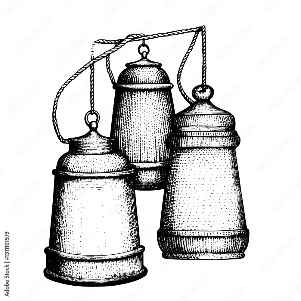 Engraved illustration of artistic bells swinging in the air, perfect ...
