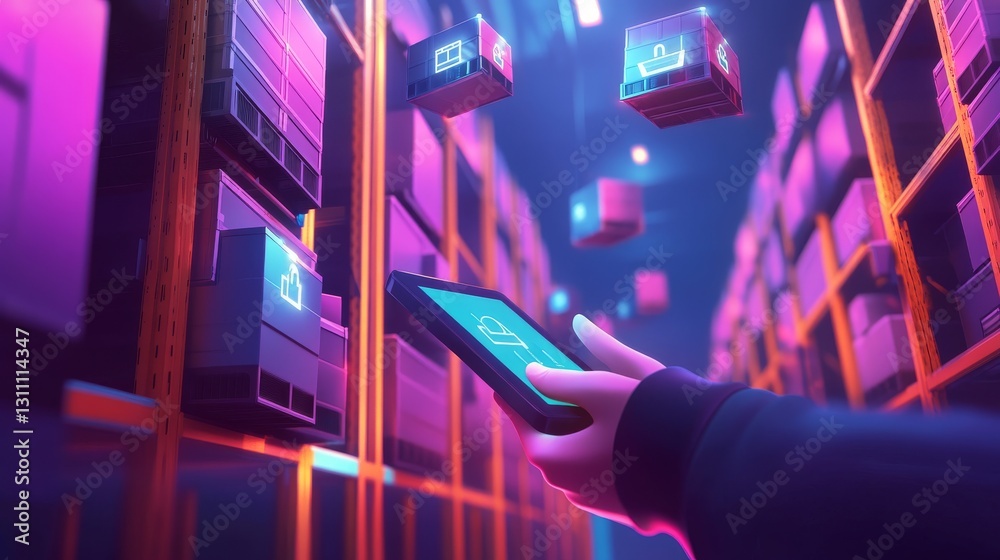 animated warehouse management scene, hands operating smart device ...