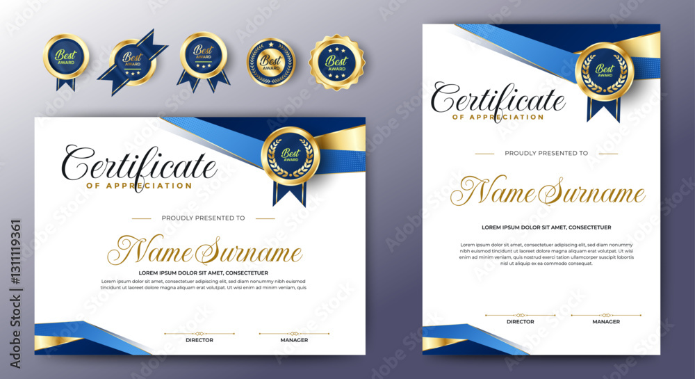 Blue and Gold Certificate template design. Premium editable ...