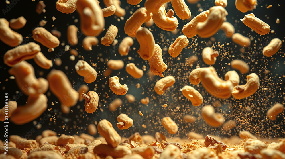 "Dreamlike surreal imagery, high-speed photograph of falling peanuts ...