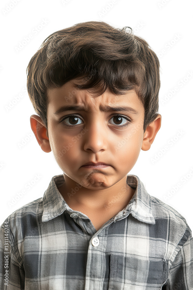 Boy with sad expression isolated on white background, child frowning ...