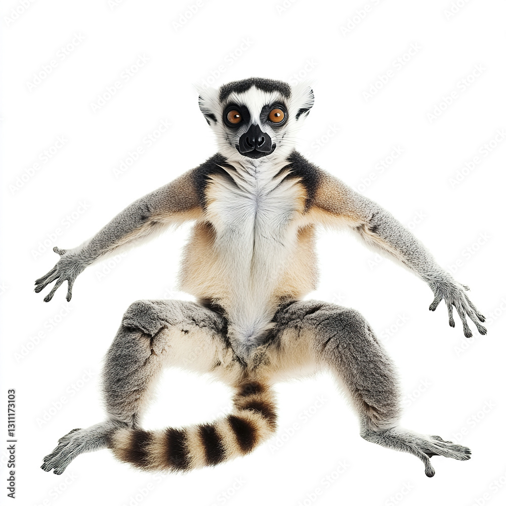 Lemur sitting with arms and legs spread on white background Stock ...