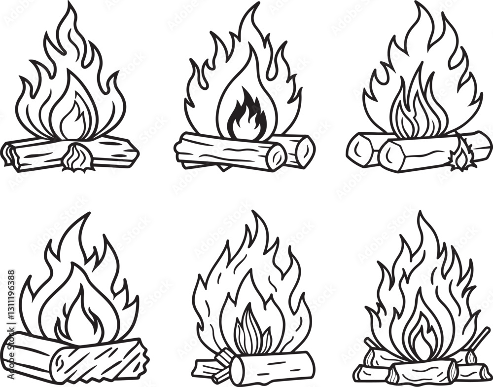 set of burning wood line art, black outline, vector and illustration ...