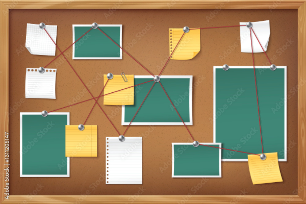 Detective board with pinned paper notes, photos and documents connected ...