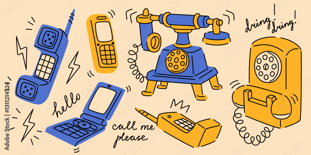 Vintage phones set isolated on background. Vector cartoon illustration ...