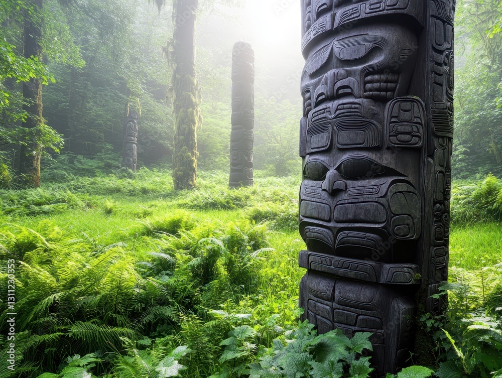 Ethereal Spirits: Sacred Totem Pole in Misty Forest Connecting Mortal ...